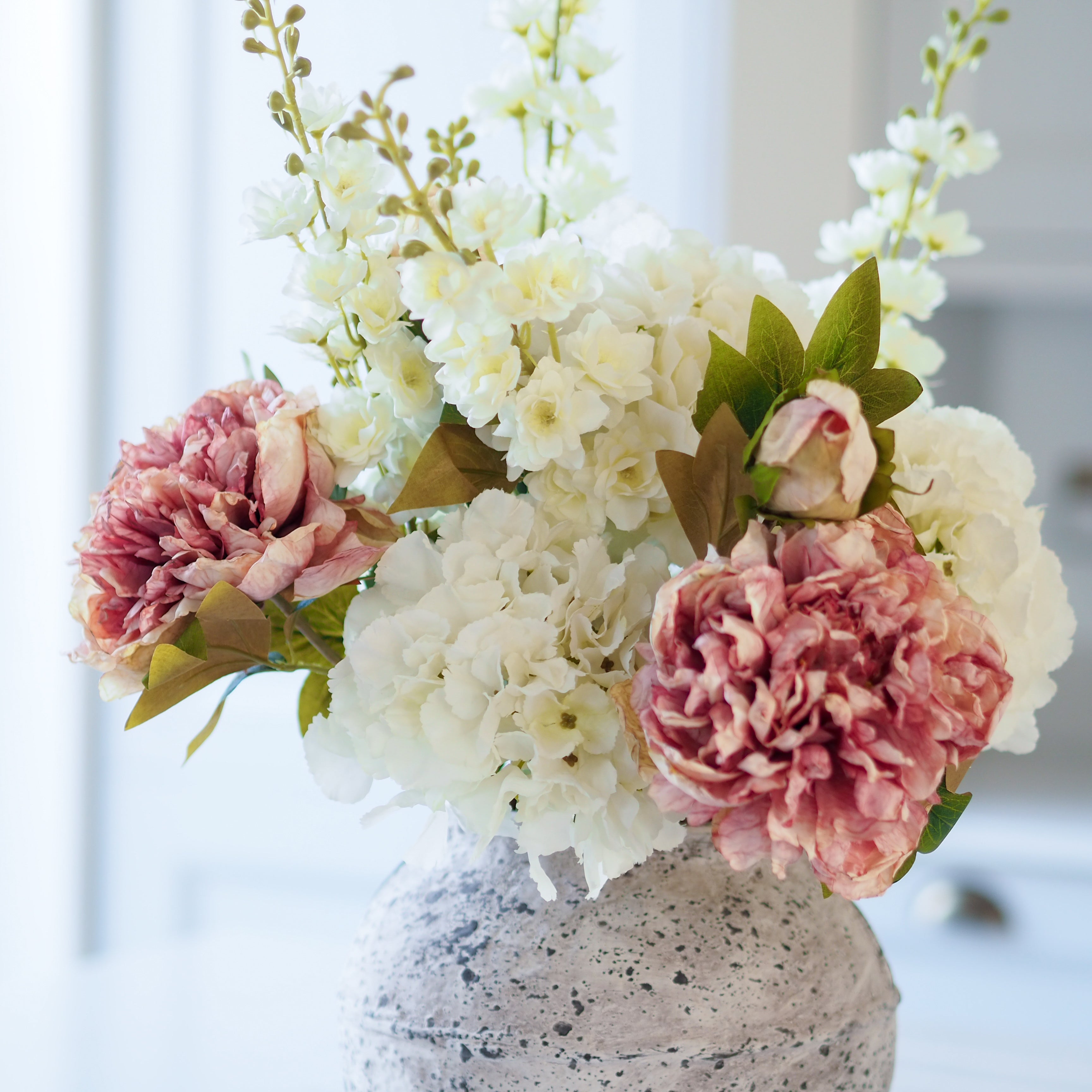 Pink Open Peony Hydrangea Faux Flower Bouquet Dot and Blush